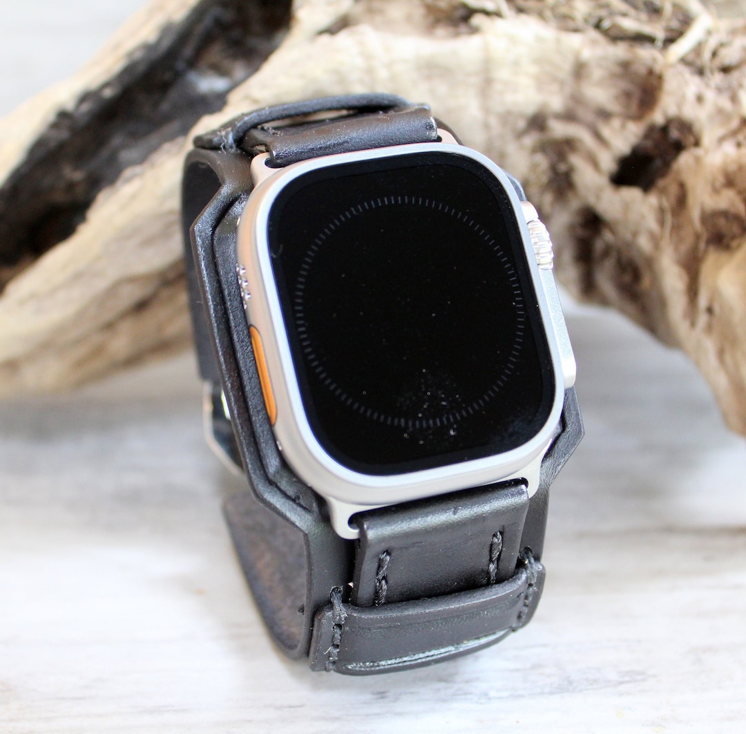 Black Leather Apple Watch Cuff, Men's Apple Watch Band, Leather Apple ...