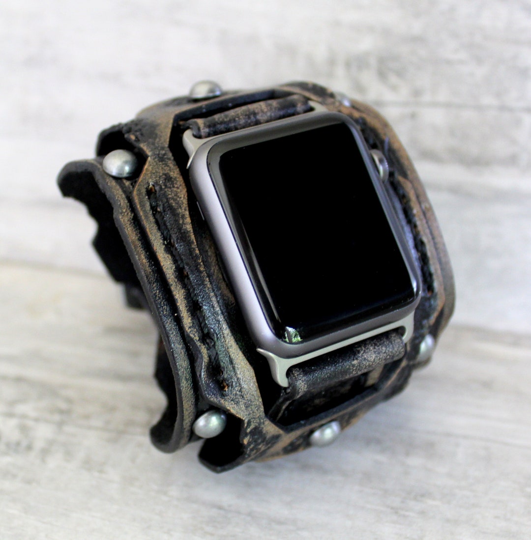 Steampunk Apple Watch Band Distressed Black Leather Apple Watch Cuff ...