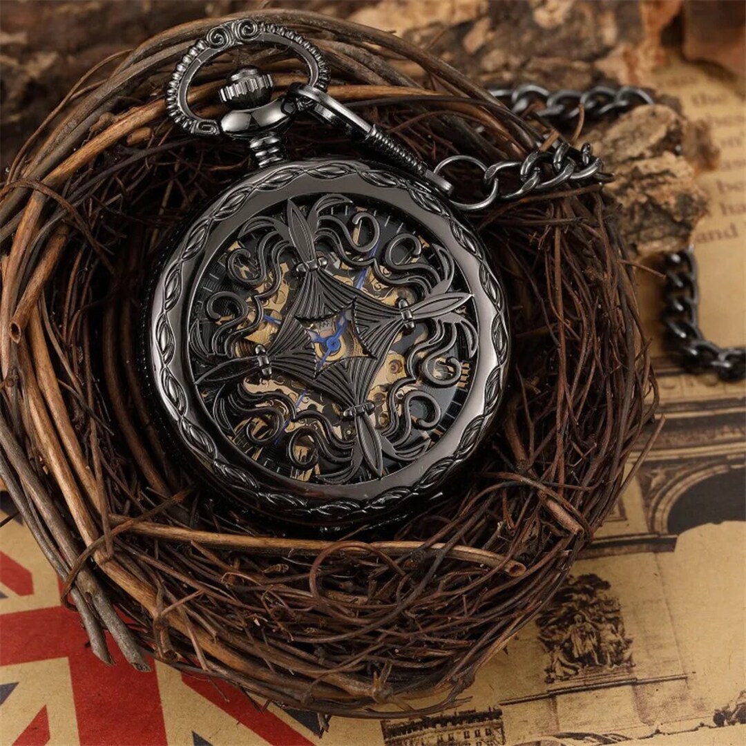Black Pocket Watch, Steampunk Pocket Watch, Skeleton Pocket Watch ...