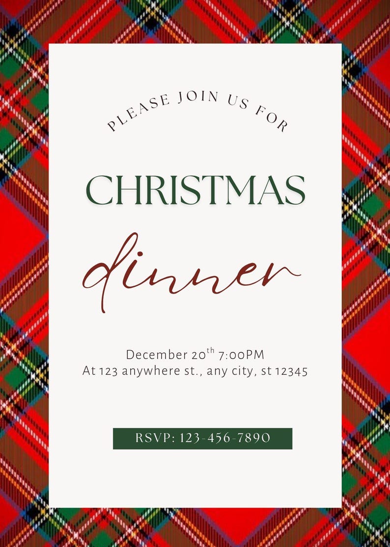 Tartan Christmas Dinner Template Editable Digital Elegant Customizable ...