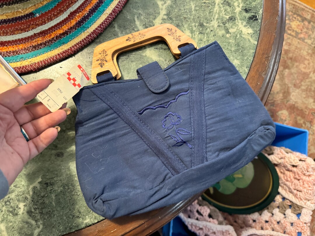 Vintage Blue Bermuda Bag Wood Handles 1980s Tags Still on Them - Etsy