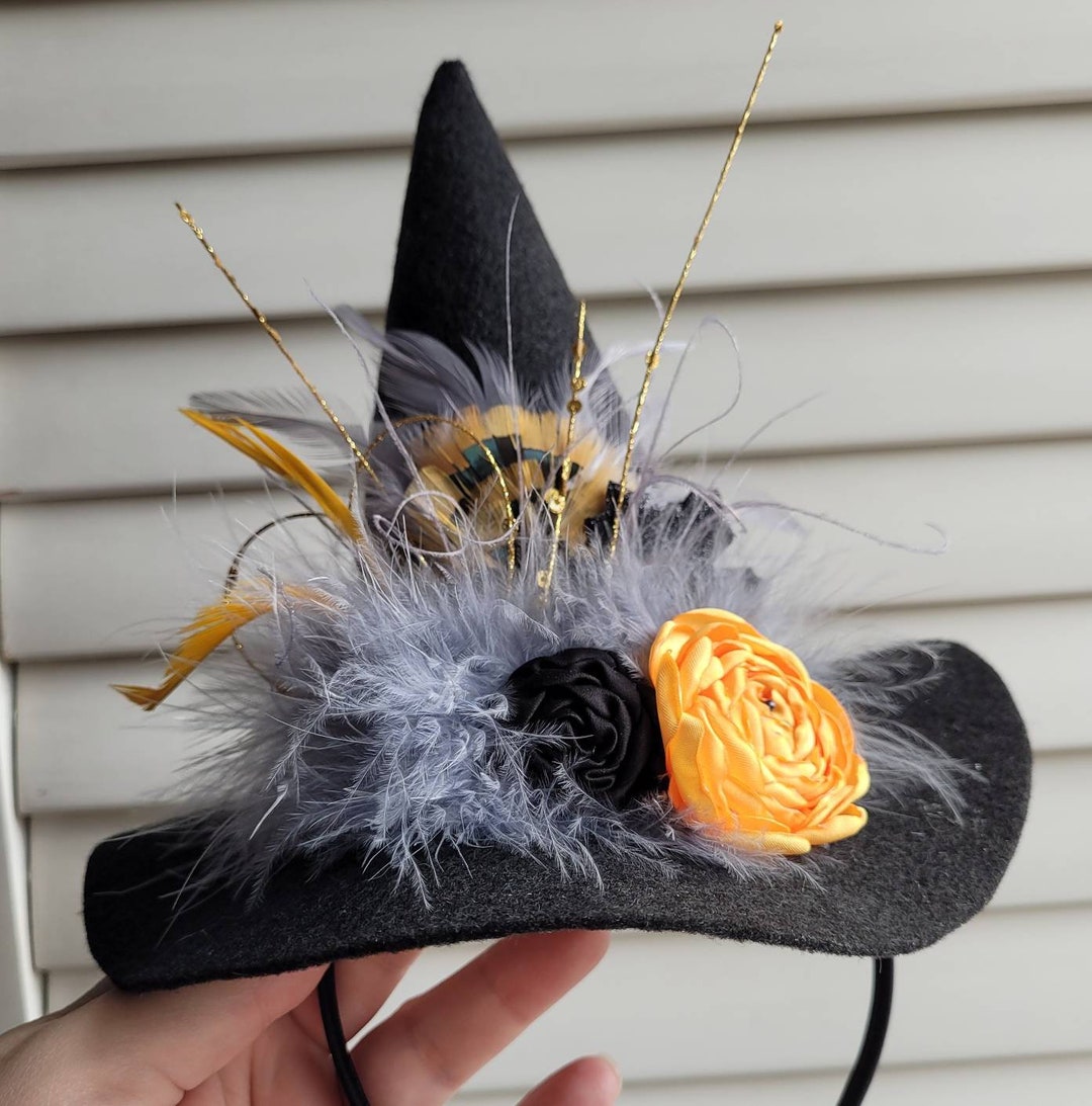 Mini Witch Hat Fascinator Headband Golden Yellow & Black Feathered ...