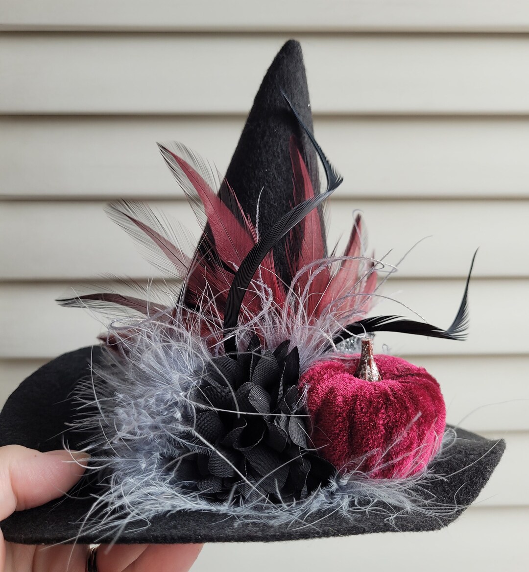 Mini Witch Hat Fascinator Headband Maroon Burgundy & Silver Gray ...