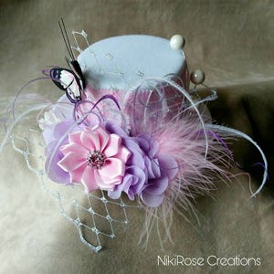 Pastel Pink & Purple Butterfly Mini Top Hat With Peacock and Ostrich ...