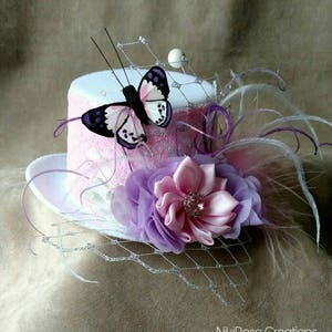 Pastel Pink & Purple Butterfly Mini Top Hat With Peacock and Ostrich ...