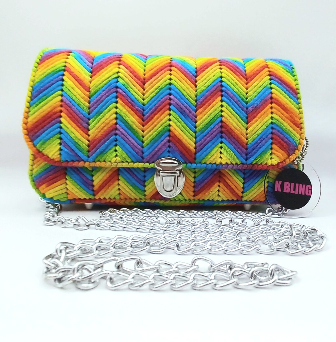 Rainbow Zigzag Crossbody Bag: Hand-stitched Plastic Canvas With Metal ...