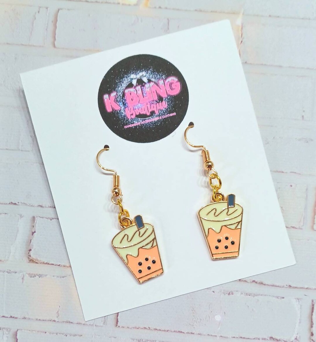 Kawaii Bubble Tea Boba Tea Gold Pink Enamel Charm Drop Dangle Earrings ...
