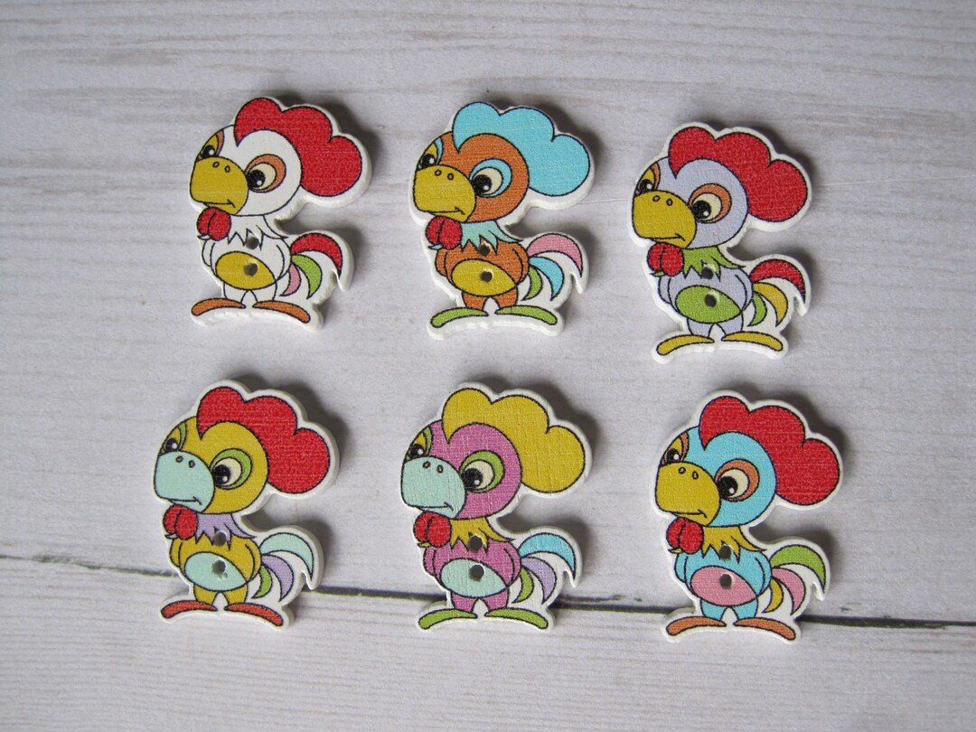 Set of 4 Buttons in Colored Rooster Wood - Etsy
