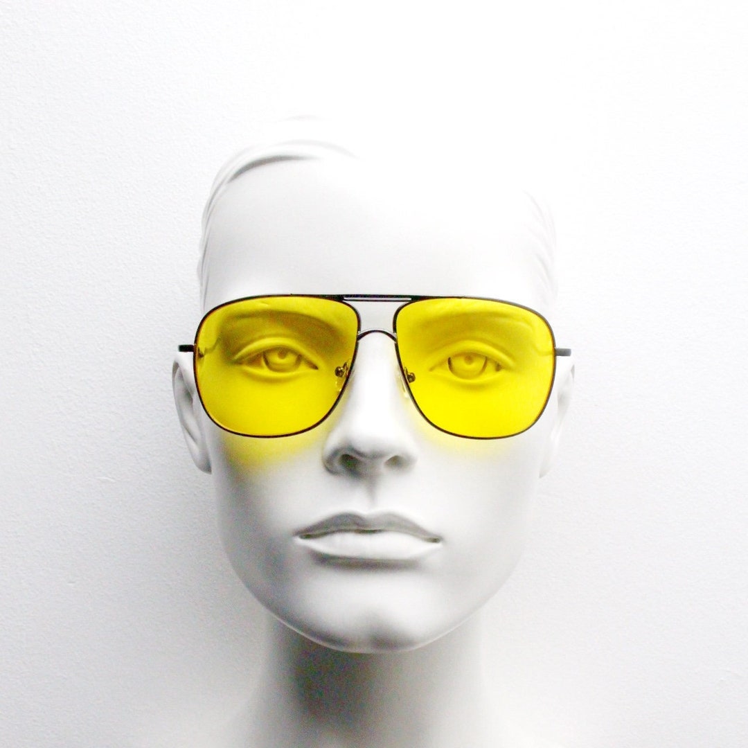 Yellow Square Aviator Sunglasses. Gunmetal Grey Double Bridge Metal ...