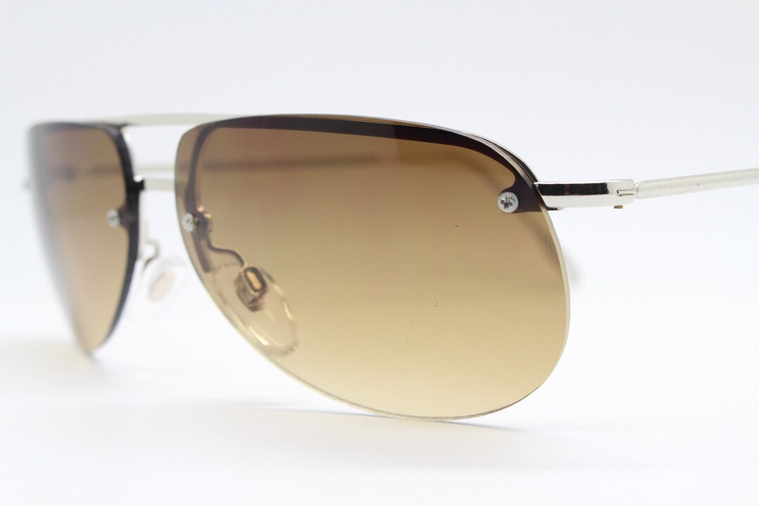 90s Vintage Modified Aviator Sunglasses. Metal Half Frame With Brown ...