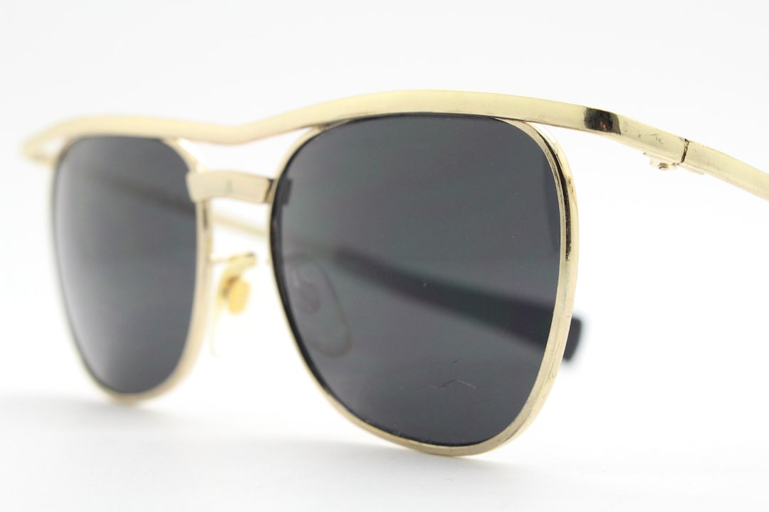 60s Vintage Angular Flat Top Sunglasses. Sophisticated Mens Mod 60s Bright Gold Chrome Metal ...