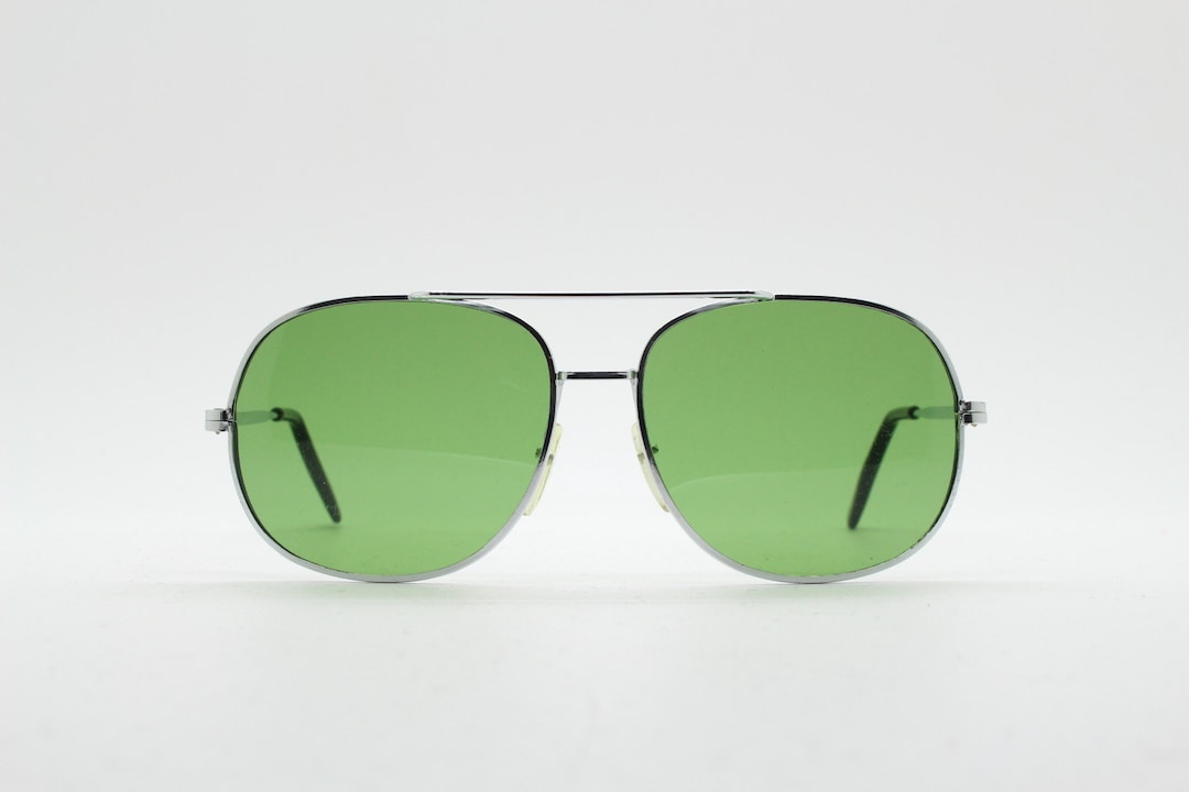 70s Vintage Square Aviator Sunglasses. Silver Metal Frame With Green ...