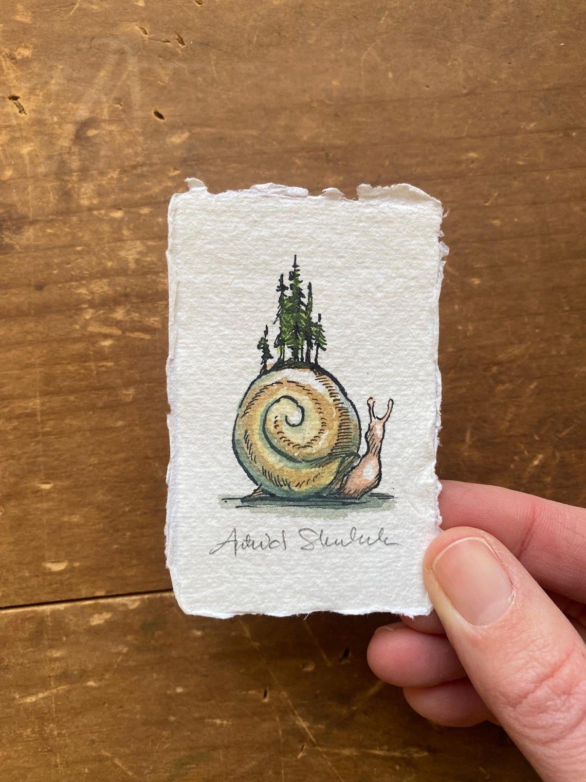 MINI ORIGINAL - Snail With Pine Trees (ink and Watercolor)i - Etsy