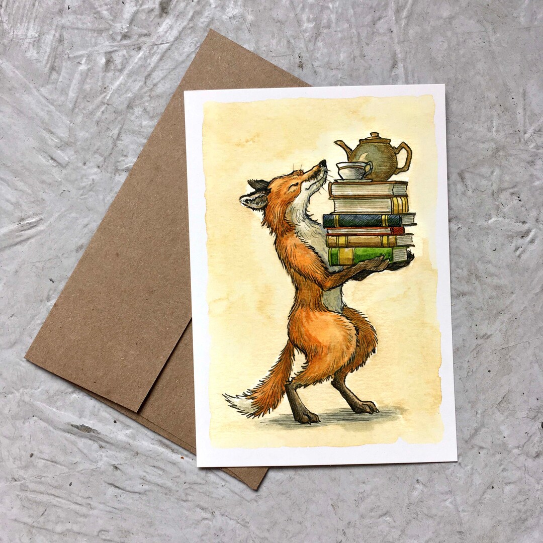 Book Loving Fox (small Card) 3.5 X 5 - Etsy