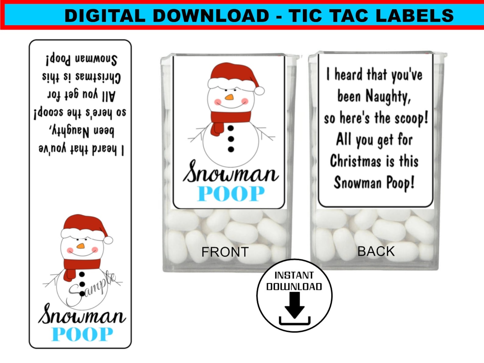 DIGITAL DOWNLOAD - Snowman Poop Tic Tac Labels - Christmas Stocking ...