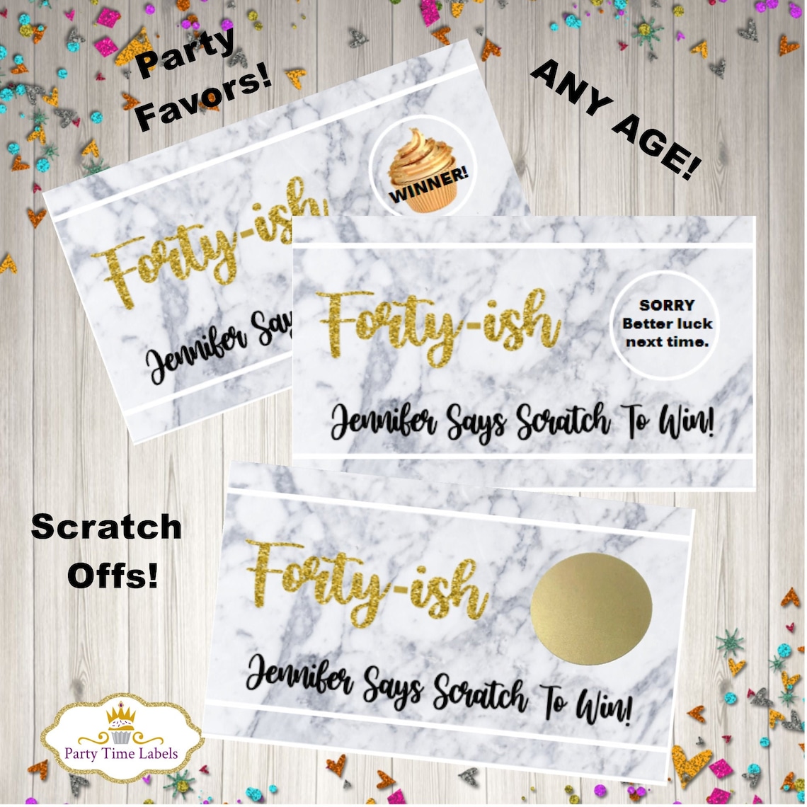 Birthday Scratch Offs - ANY AGE - Black, White, Gold Birthday Party ...