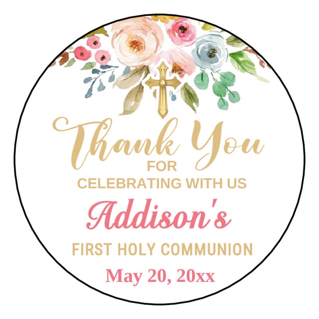 First Communion Labels - Confirmation Labels - Pink Floral Party Favor ...