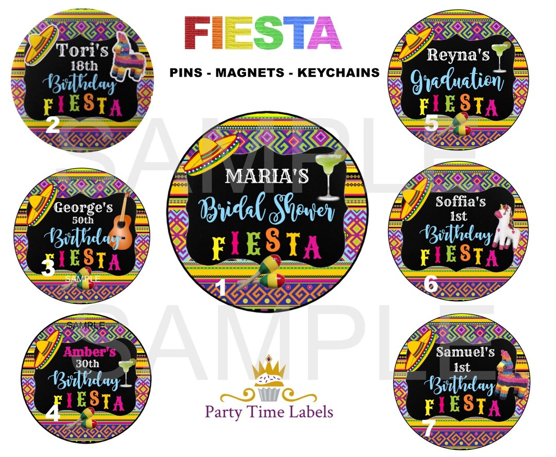 Fiesta Birthday Party Pins - Magnets - Keychains - Bridal Shower Favors ...