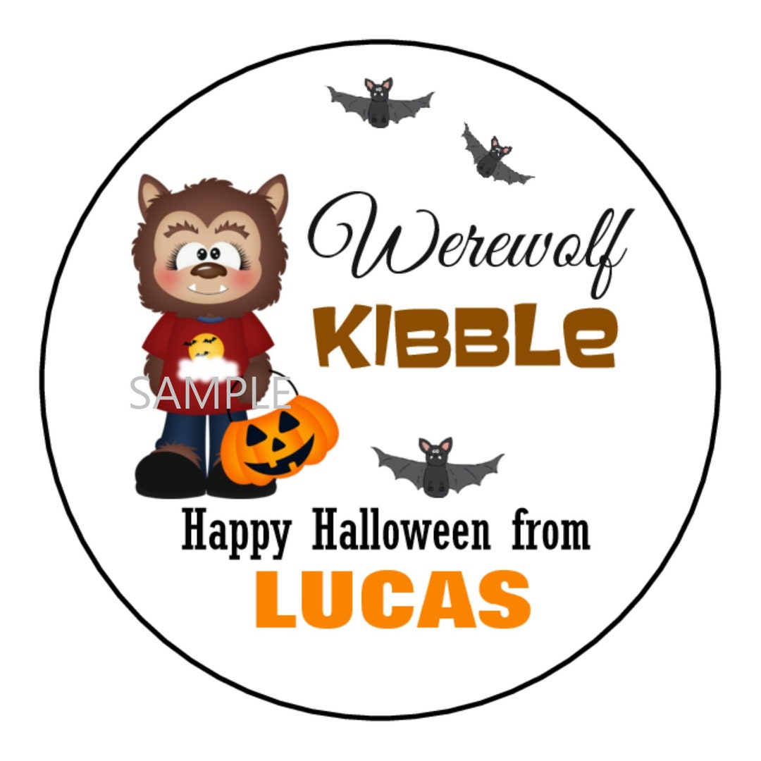 Halloween Stickers WEREWOLF KIBBLE Party Favor Treat Bag Round Stickers ...