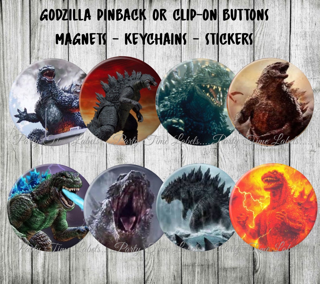 Godzilla Pins or Clip on Buttons - Magnets - Keychains - Godzilla ...