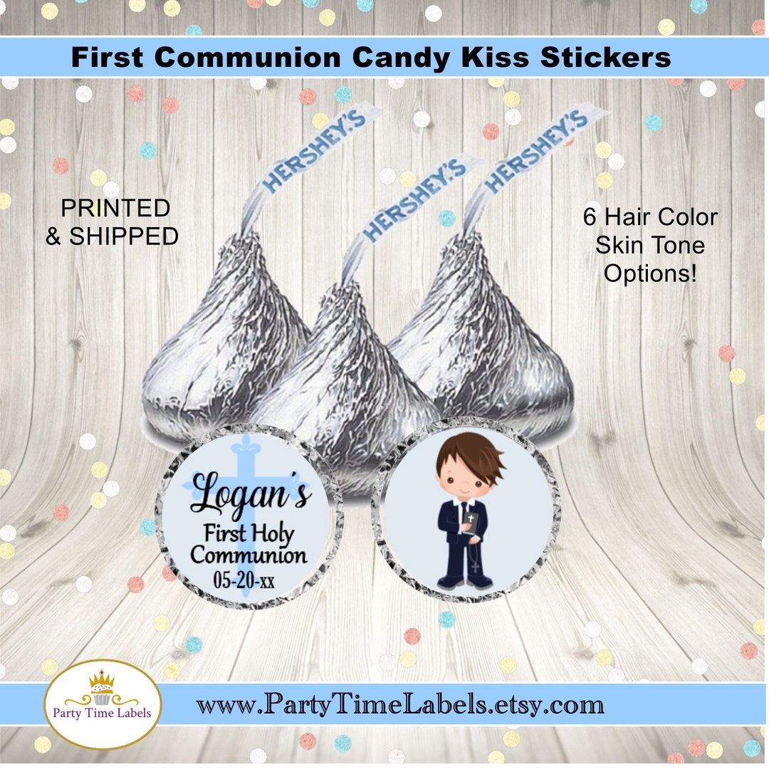 Boys First Communion 3/4" Round Candy Stickers - Personalized Party ...