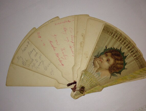 Antique circa 1880s victorian paper fan with HANDWRITTEN | Etsy