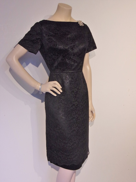 Classic Late 1950s Black Lace Wiggle Cocktail Dress W… Gem