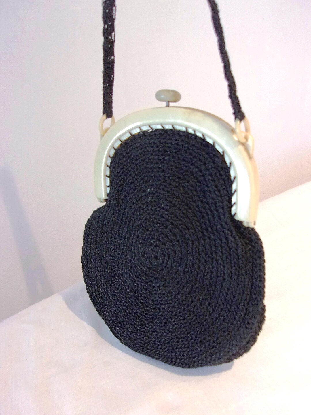 Charming 1920s Black Knitted Pouch Bag on Celluloid Frame - Etsy