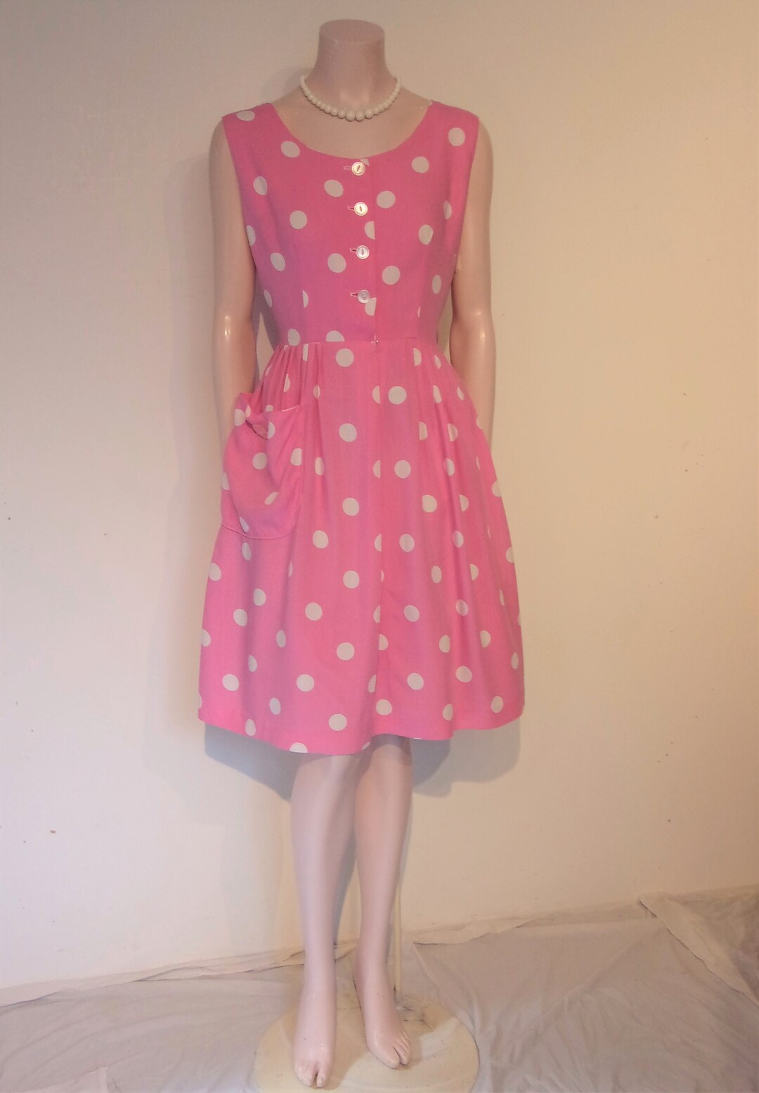 Best Late 1950s/ 1960s Day Dress Pink Polka Dot and Oversized Pocket ...