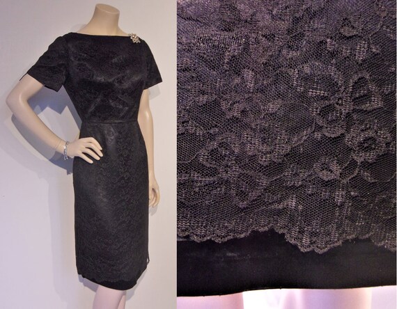 Classic Late 1950s Black Lace Wiggle Cocktail Dress W… Gem