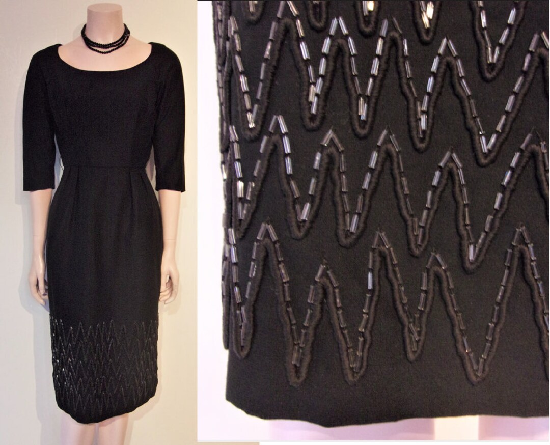 Sleek Late 1950s Wiggle Cocktail Dress W/fantastic Beaded Skirt Waist ...