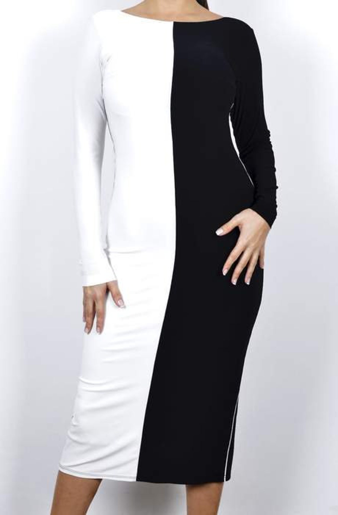 Half and Half Dress I Black I White Long Sleeve Dress I Women's Casual ...
