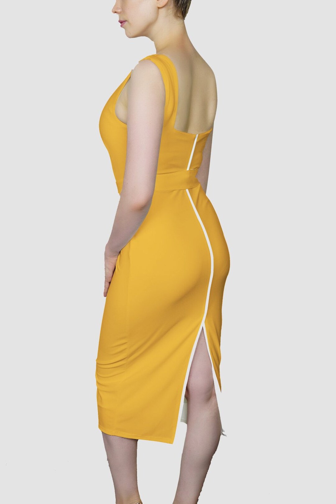 Square-top Dress | Ladies Mustard White Line Dress | Hot Charming Women ...
