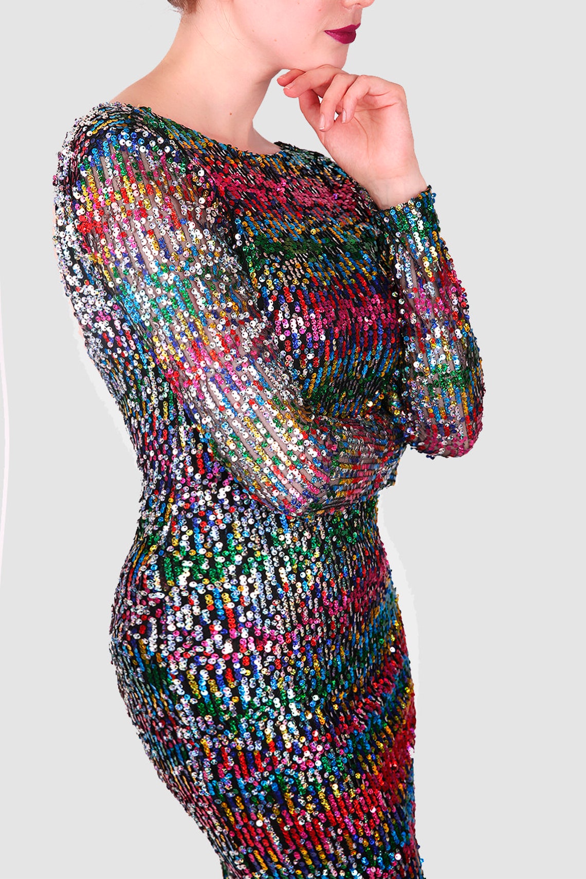 Open Back Timeless Dress Rainbow Sequin Dress Limited Edition Dress Tight Fitting Dress Evening ...