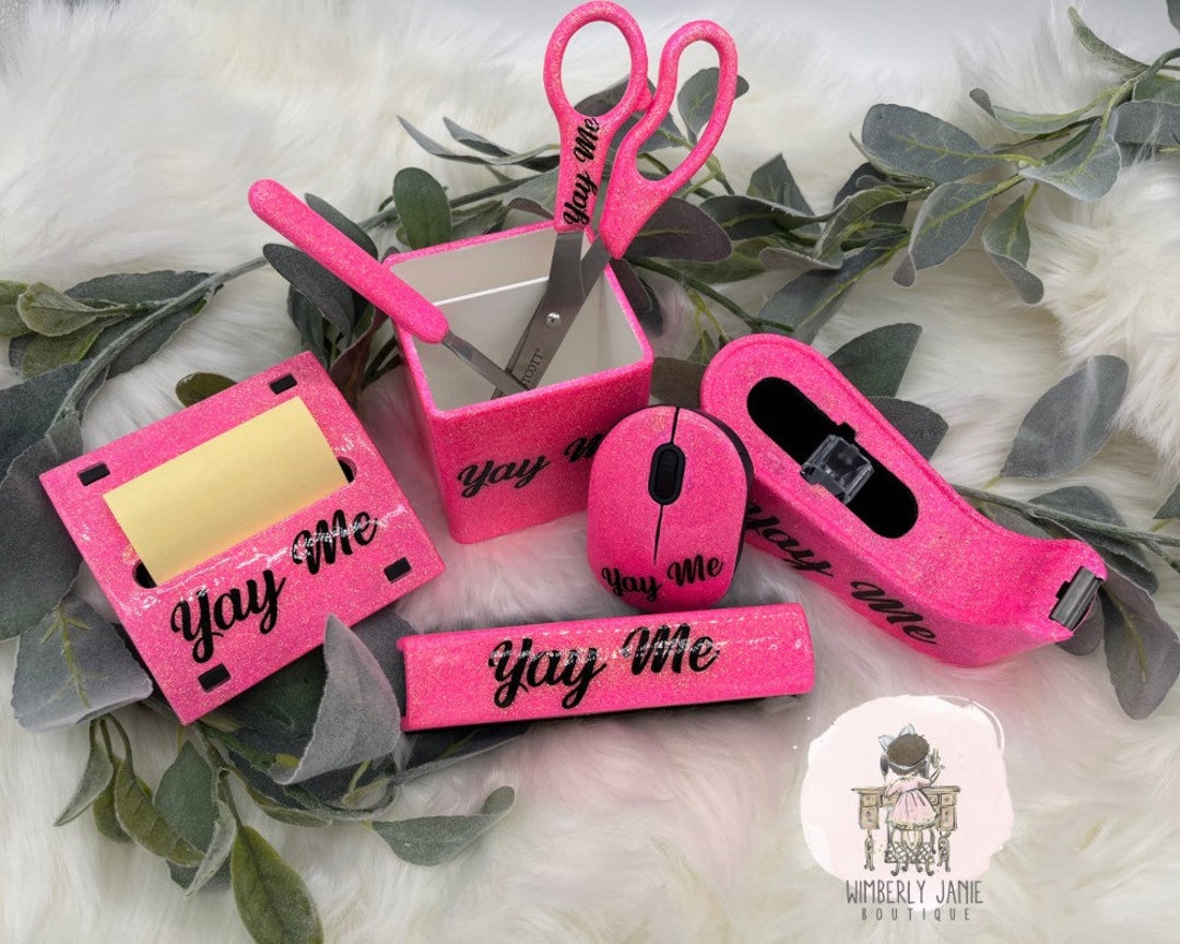 Office Set, Personalized, Glitter, Pink, Mouse, Stapler, Resin - Etsy