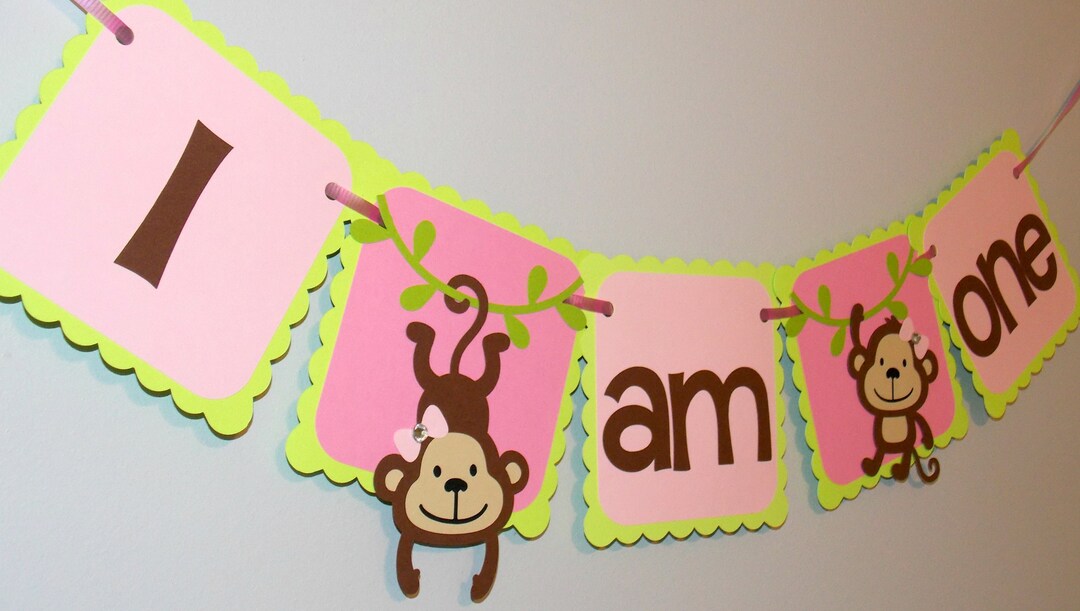 Monkey Birthday Banner/ Girl Monkey Highchair Banner/ Pink Lime Monkey ...