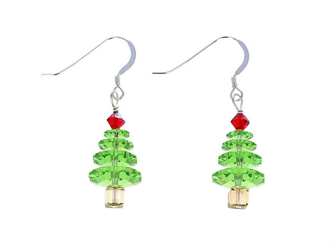 Sterling Silver Christmas Tree Earrings, Swarovski Crystal Dangle ...