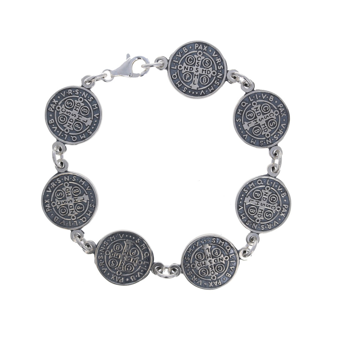 St Benedict Medallion Coin Bracelet, 925 Sterling Silver Religious ...