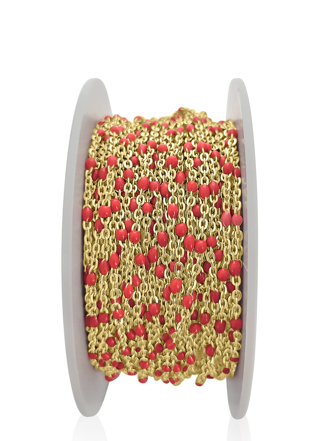 14kt Gold Filled, 1 Foot, Red Seed Bead Station Chain, 2mm Red Enameled ...