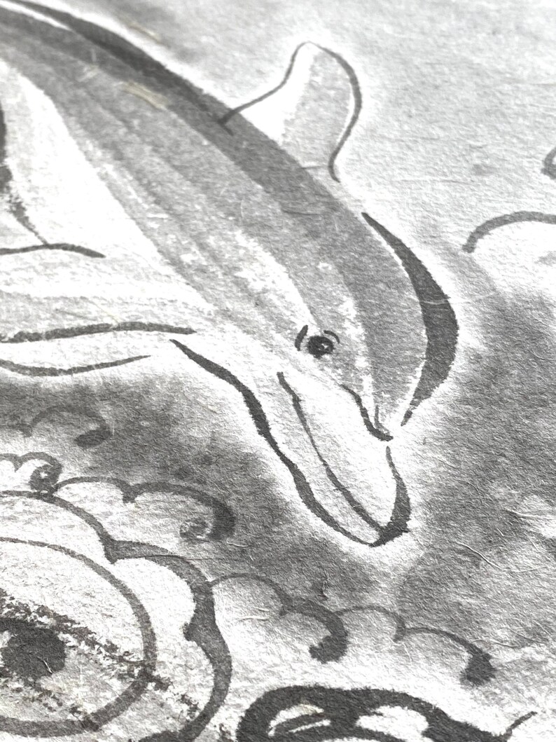 Original Japanese Sumie-dolphin-waves-sumi Ink Painting-suibokuga-zen ...