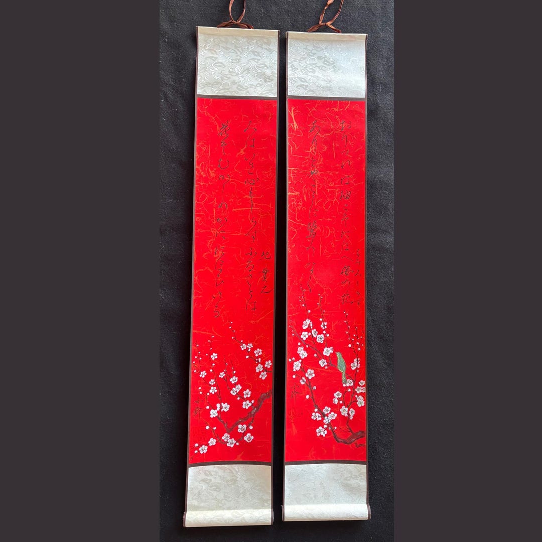 Set of Two Original Handpainted Japanese Hanging Scrolls-waka Poems-red ...