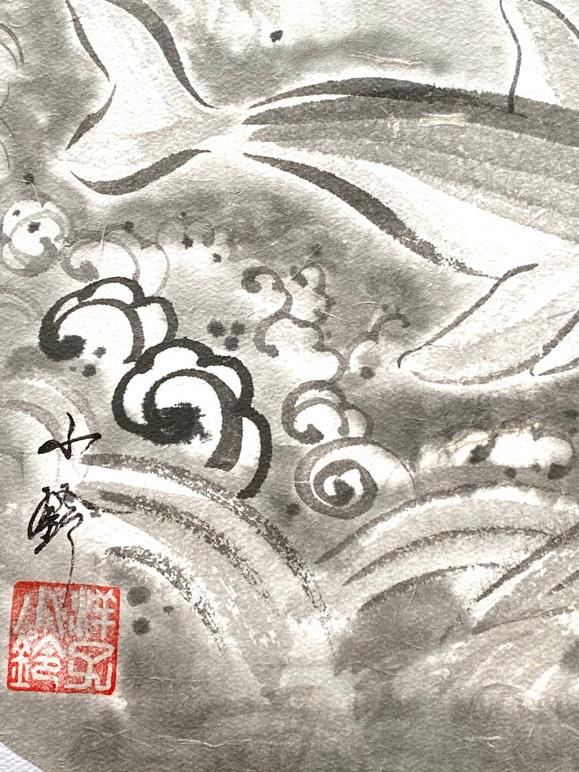 Original Japanese Sumie-dolphin-waves-sumi Ink Painting-suibokuga-zen ...