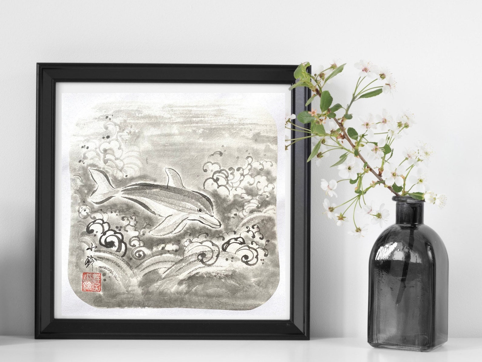 Original Japanese Sumie-dolphin-waves-sumi Ink Painting-suibokuga-zen ...