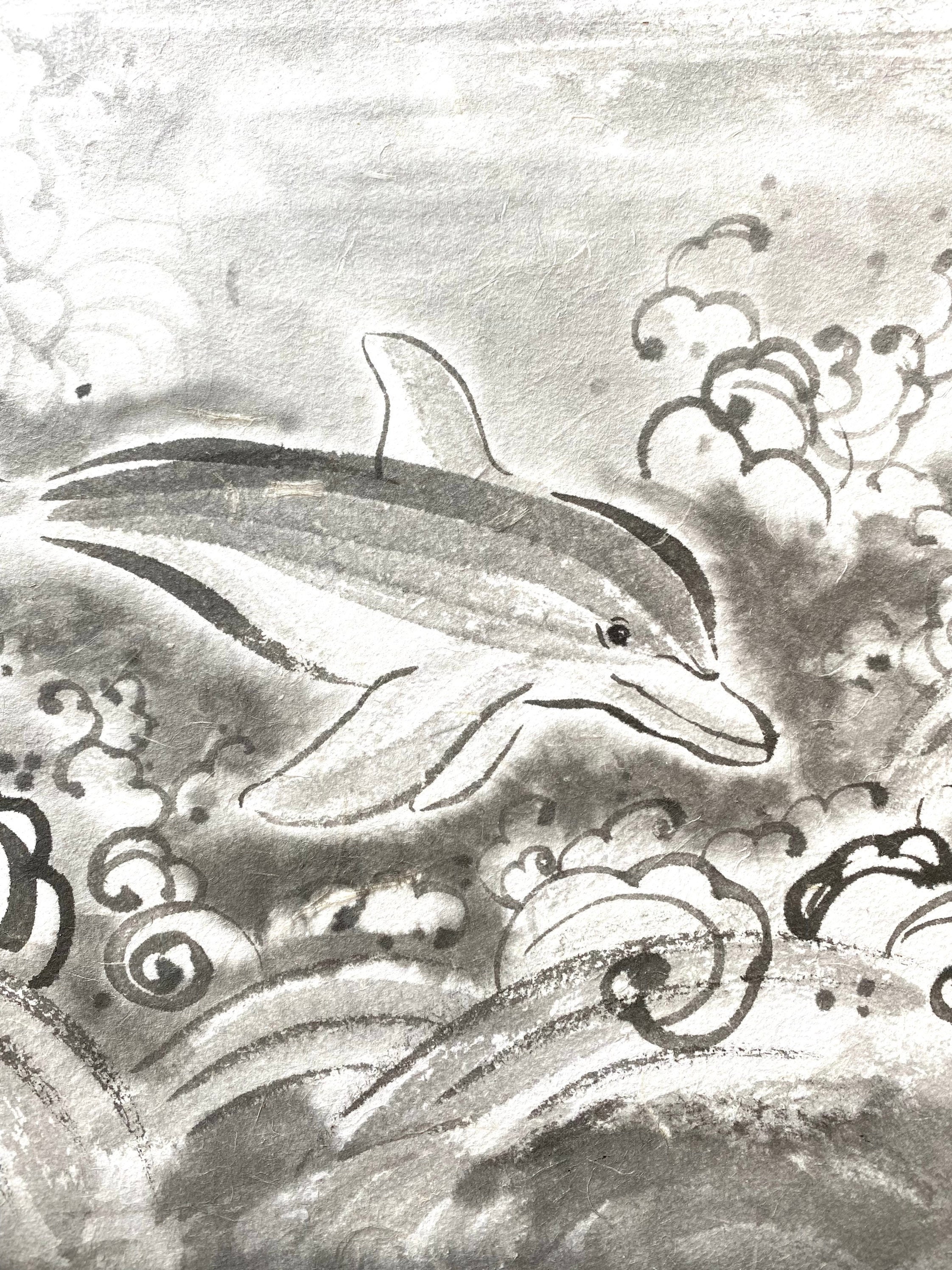 Original Japanese Sumie-dolphin-waves-sumi Ink Painting-suibokuga-zen ...