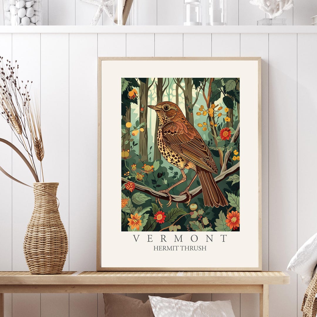 Hermit Thrush Vermont State Bird Art Print, William Morris Style Floral ...