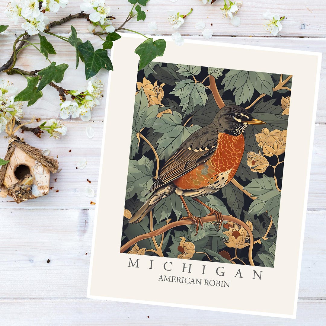 American Robin Michigan State Bird Art Print, William Morris Style Wall ...