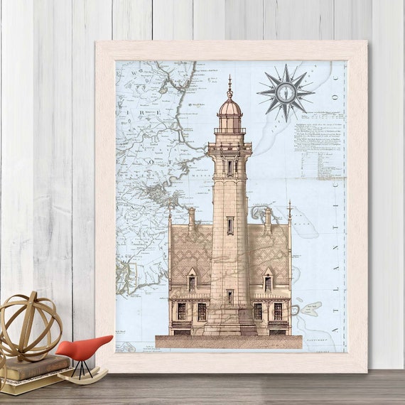 Lighthouse Print Lighthouse & House on Nautical Map | Etsy UK