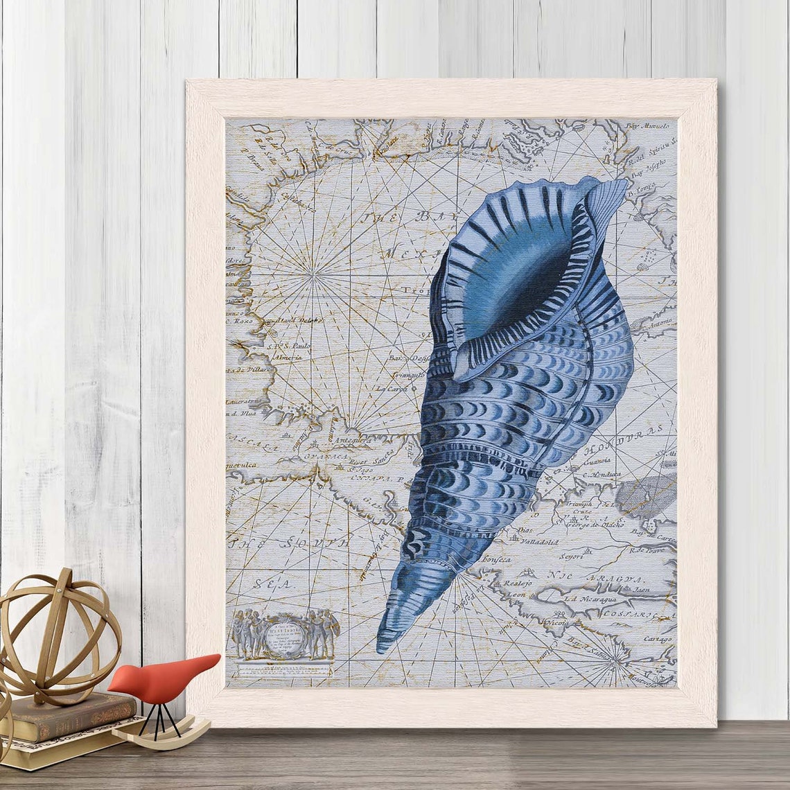 Blue Shell Print on Nautical Map 3 Sea Shell Print Nautical - Etsy