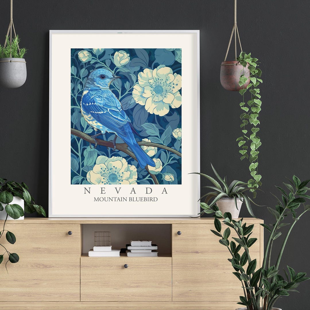 Mountain Bluebird Nevada State Bird Print, William Morris Style Vintage ...