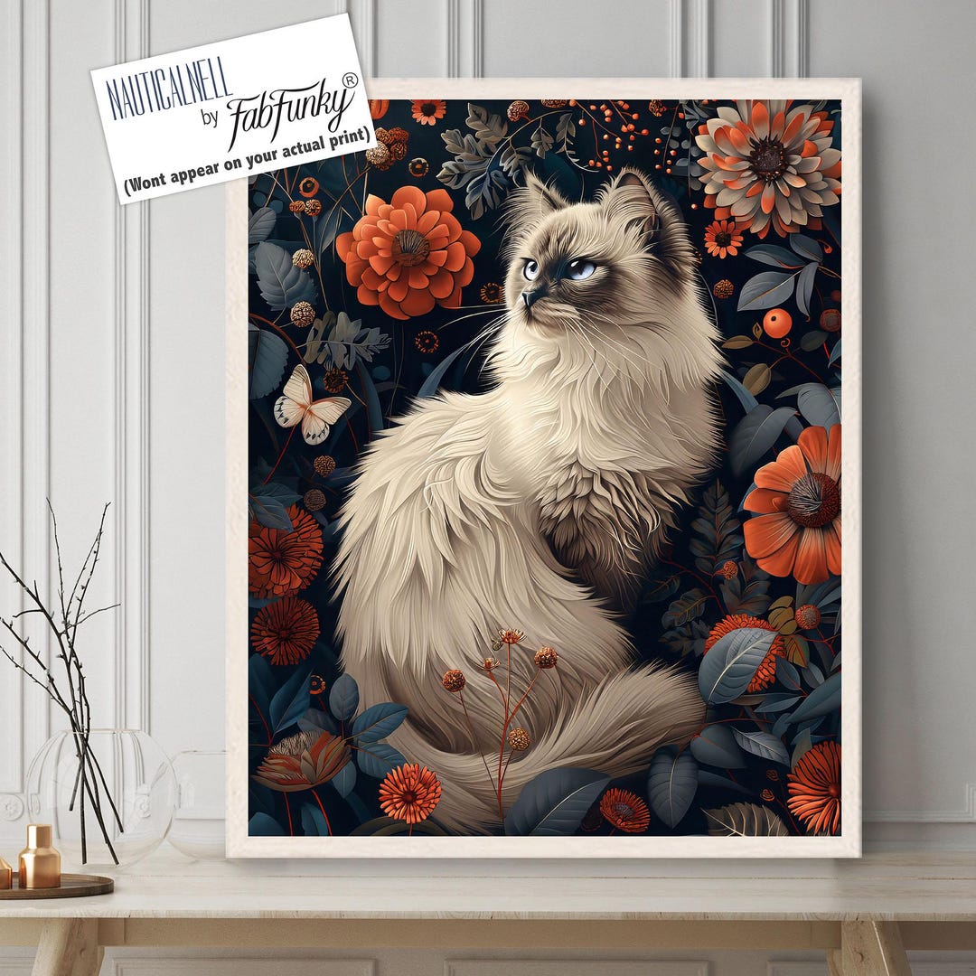 Cute Long Haired Ragdoll Cat Art Print, Whimsical Cream Cat Wall Art ...